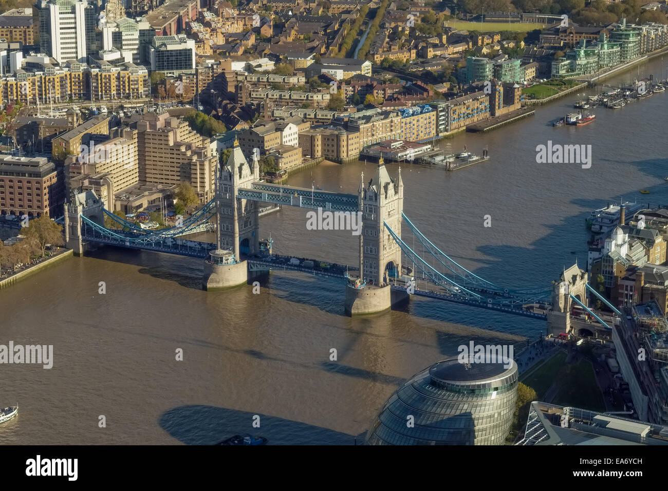 Aerial view of Tower Bridge across the River Thames, London Stock Photo ...