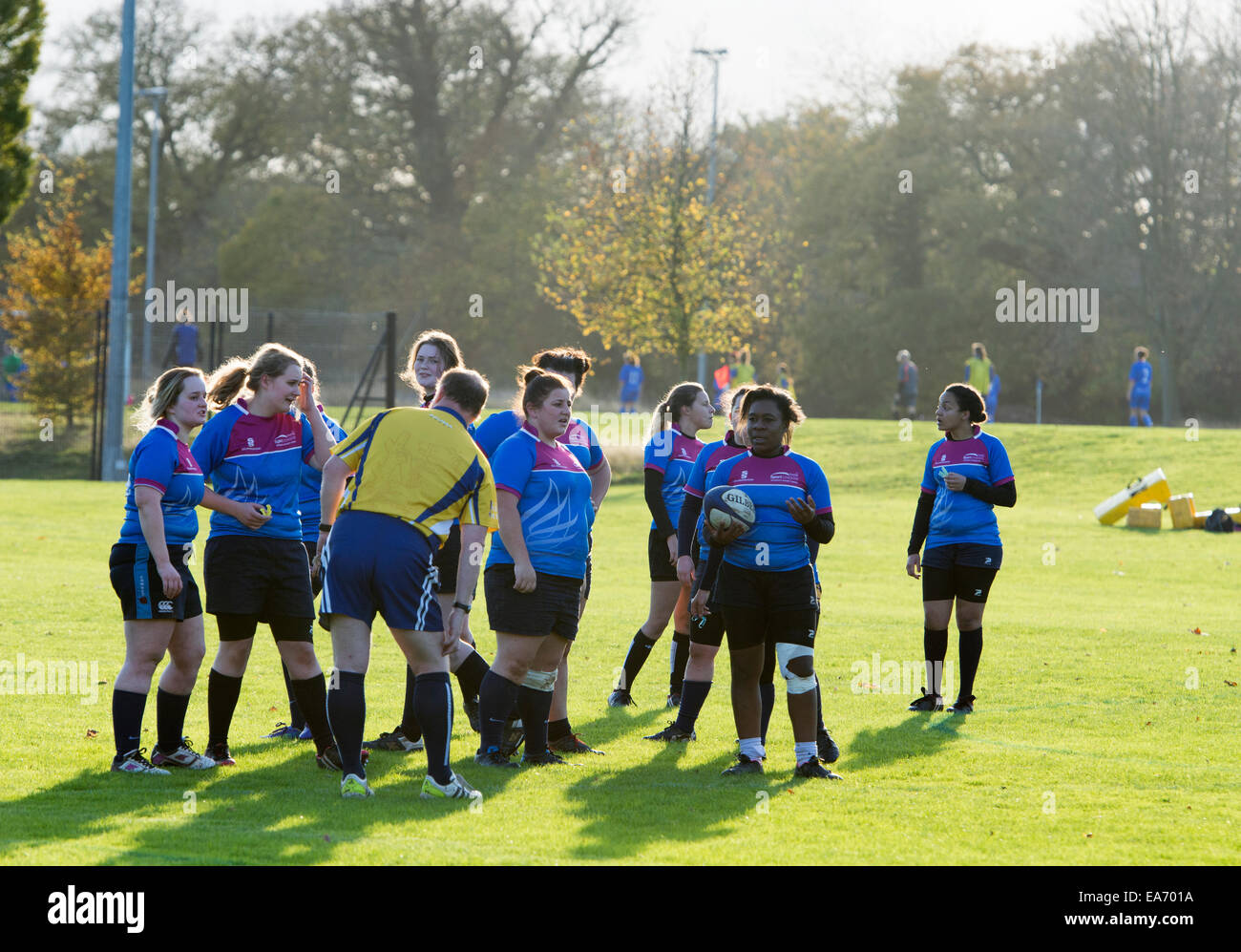 University sport, women`s Rugby Union, UK. A team talk Stock Photo - Alamy