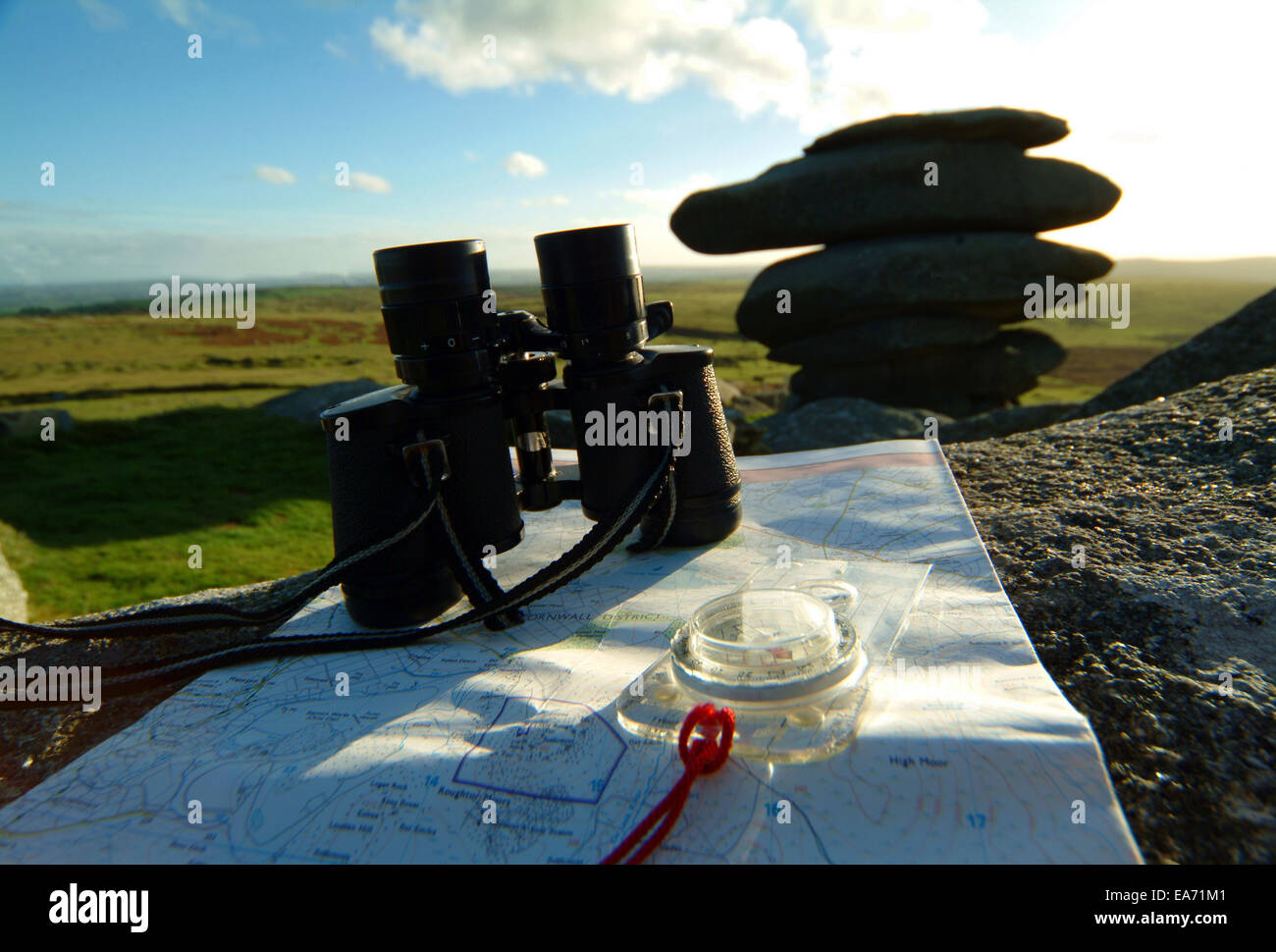 Binoculars Compass and Map at Cheesewring on Bodmin Moor Cornwall Stock Photo - Alamy