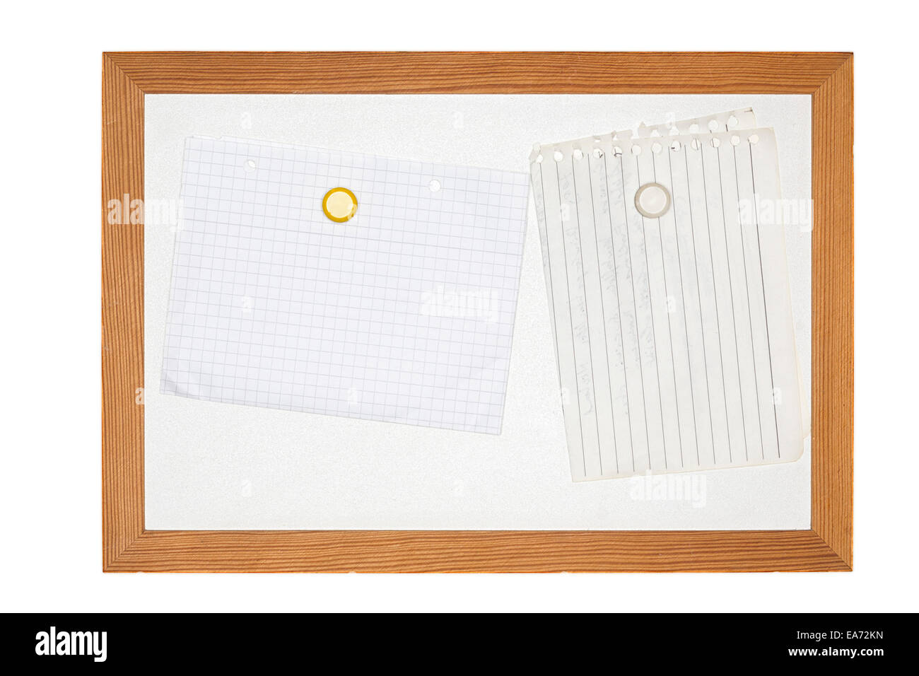 old magnetic message board with some paper notes, isolated on white ...