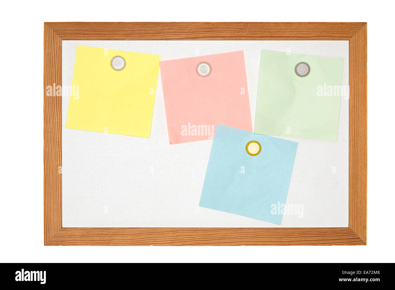 old magnetic message board with some paper notes, isolated on white ...