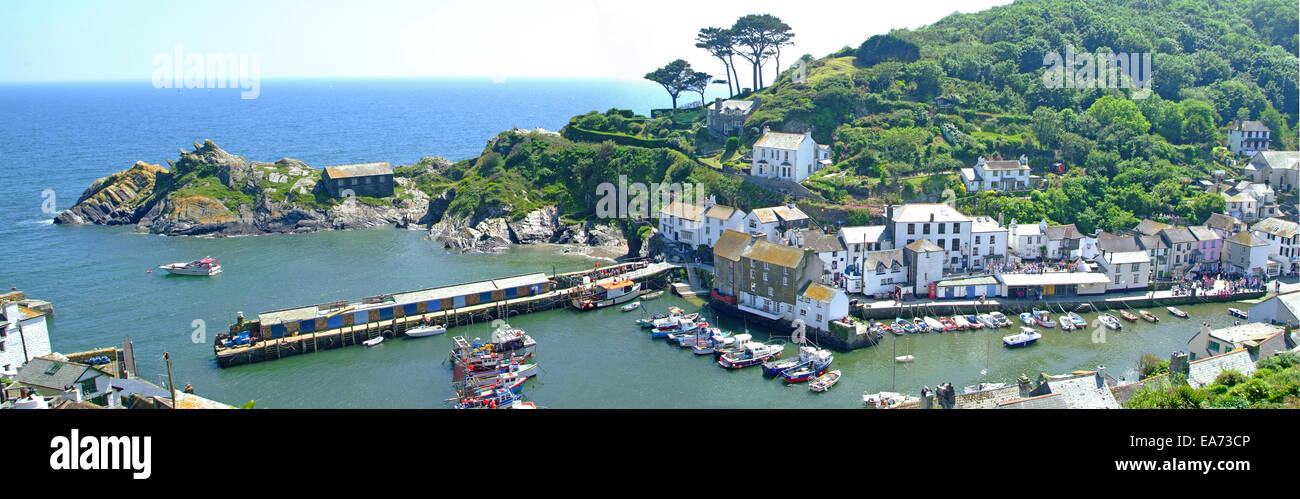Polperro harbour panoramic Stock Photo - Alamy