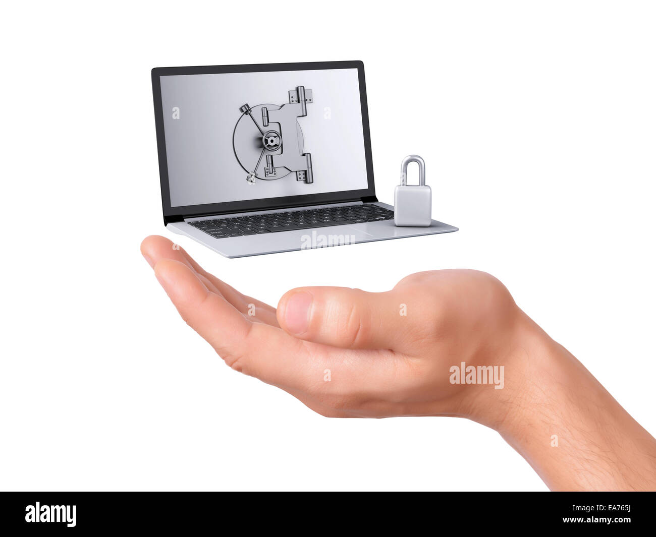 image of hand holding security Laptop. Data security concept on white ...