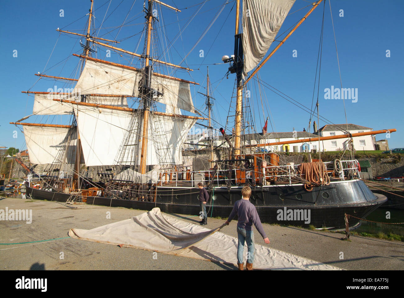 Fixing the sails on the Kaskelot tall ship in Charlestown Harbour ...