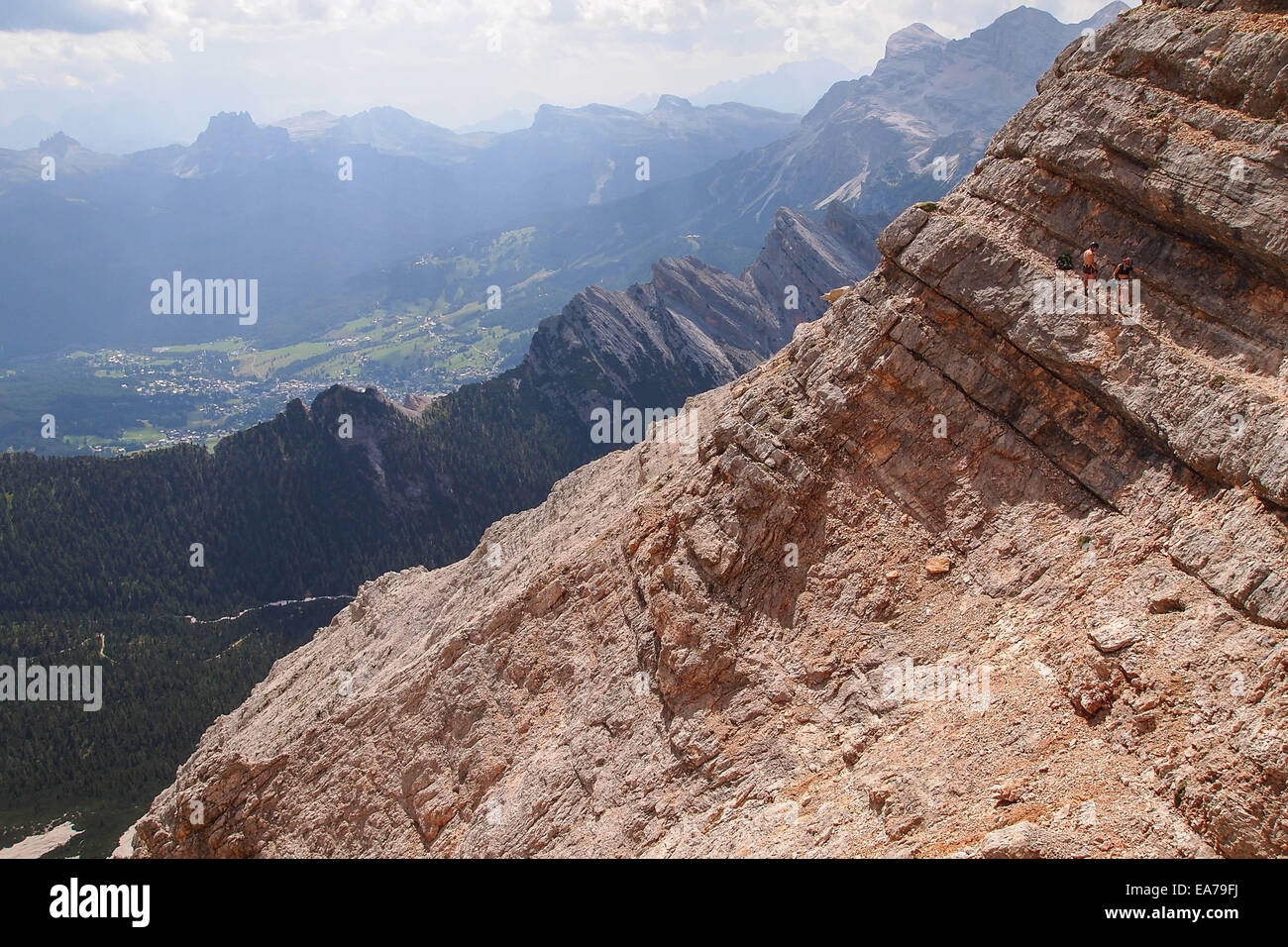 climbers are ascending the mountain via ferrata, Italy, Dolomites Stock ...
