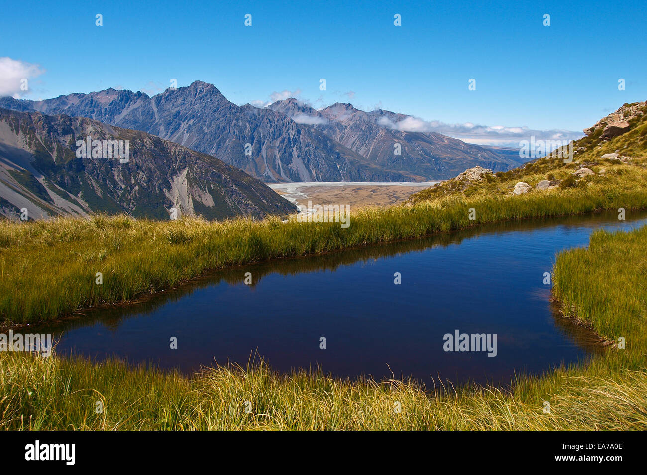 Mountain Glacier and little pond in Southern Alps, New Zealand Stock ...