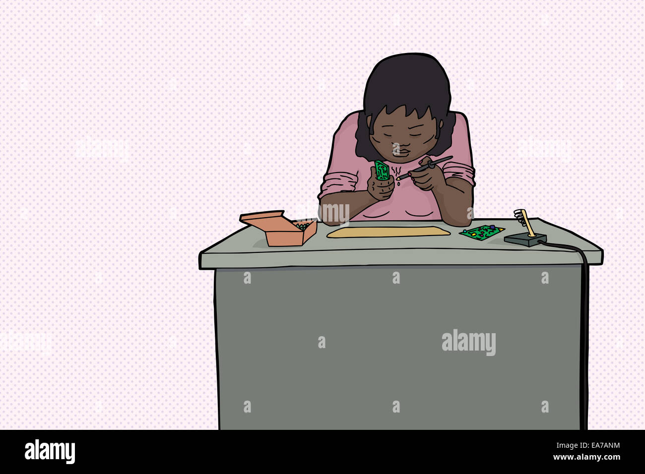 One cartoon woman using soldering iron at desk Stock Photo - Alamy