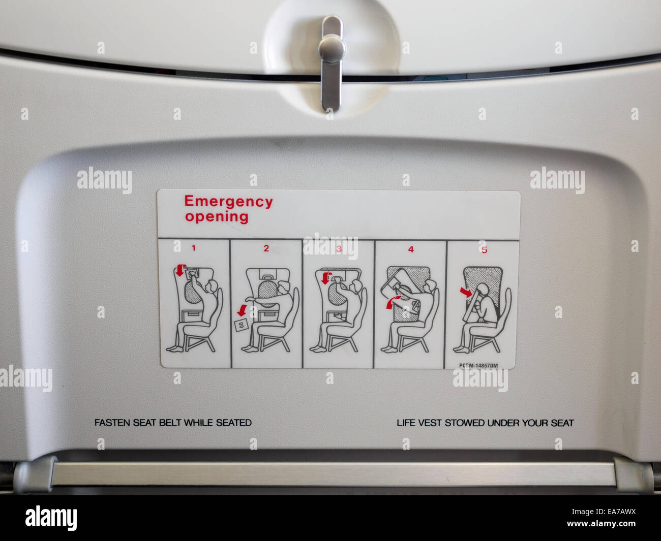 Airbus emergency safety instructions on the back of seat headrest Stock ...
