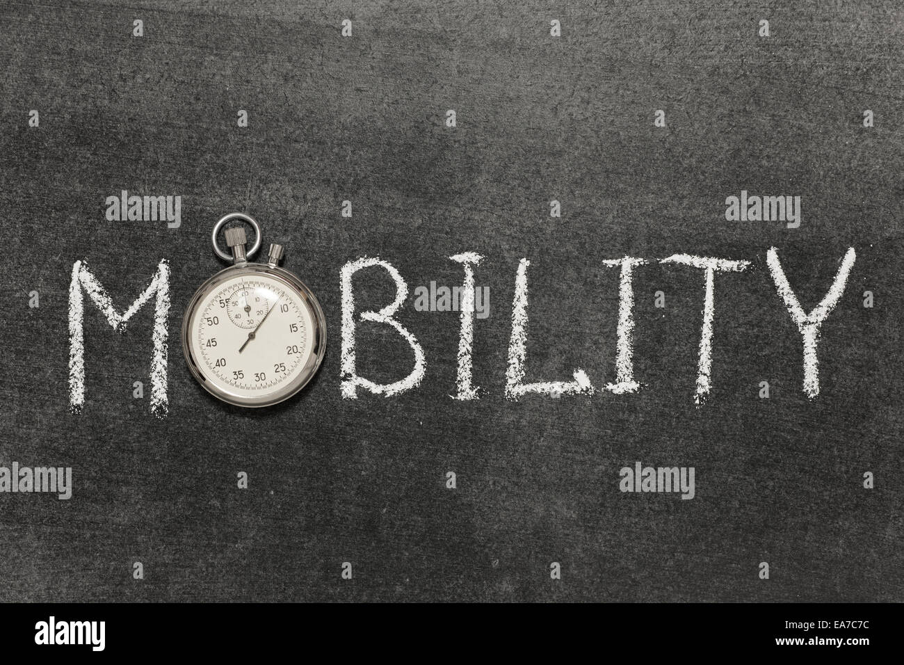 mobility word handwritten on chalkboard with vintage precise stopwatch ...