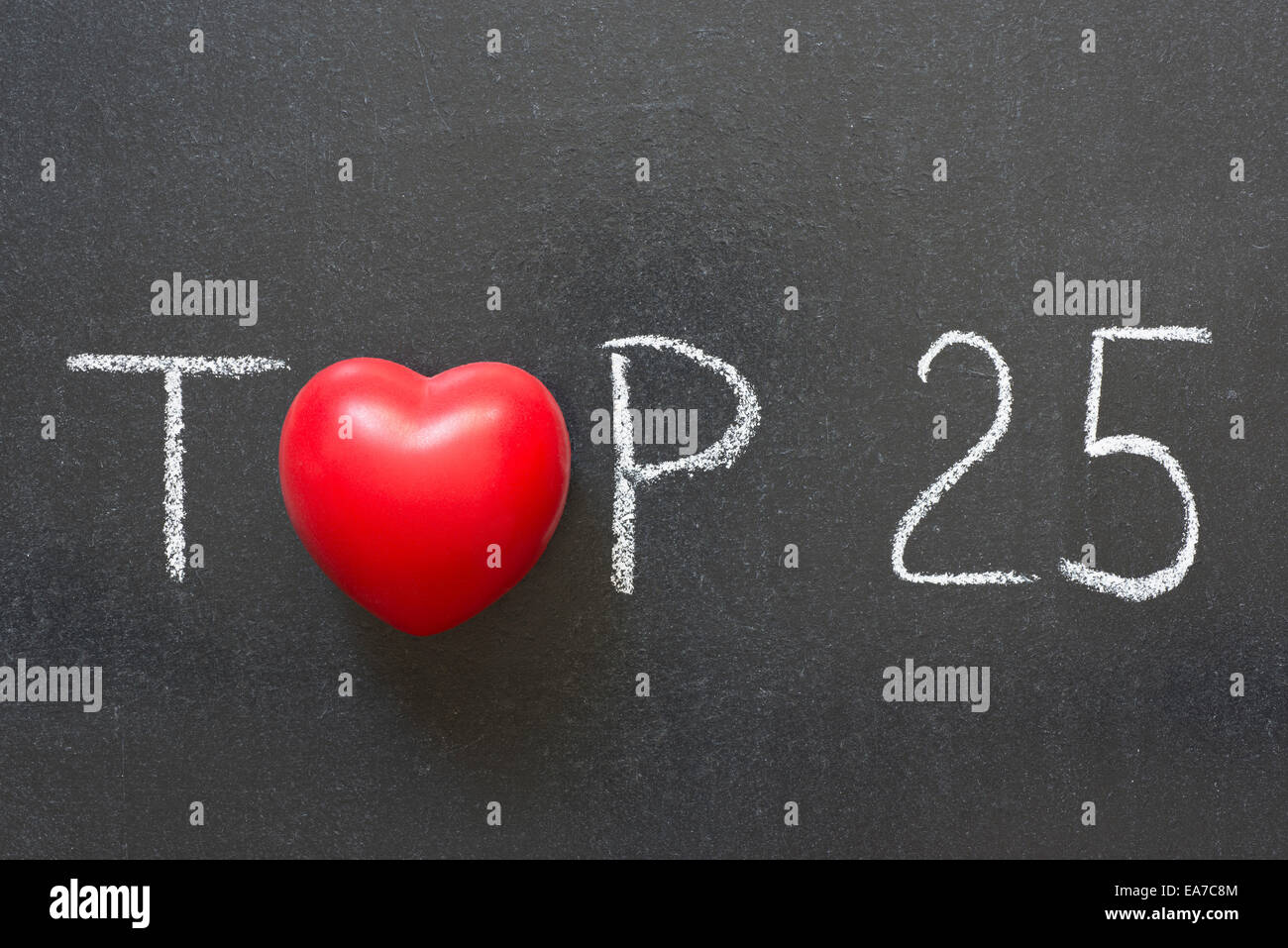 top 25 phrase handwritten on chalkboard with heart symbol instead of O ...