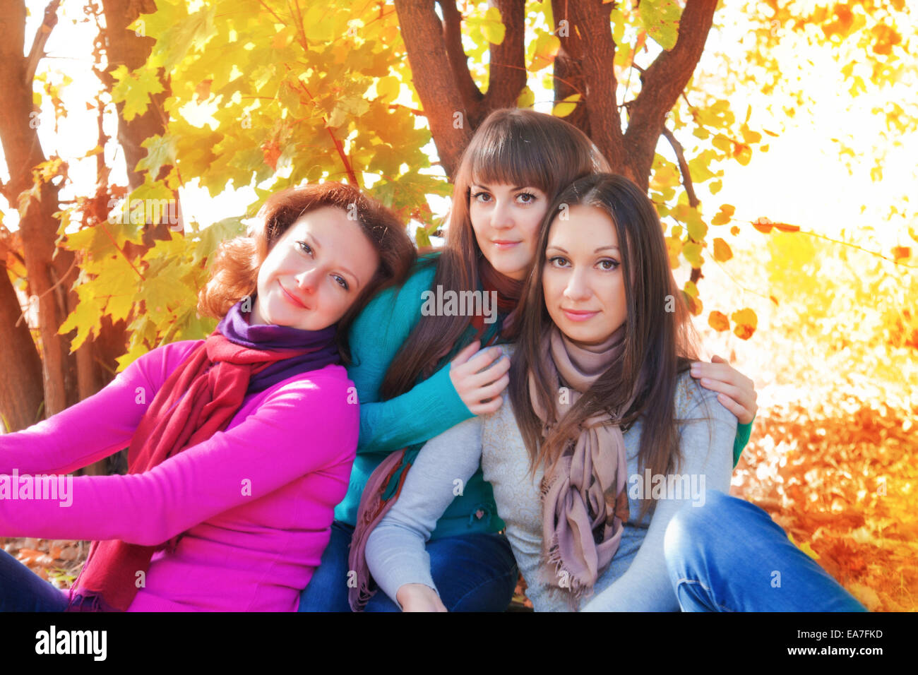 Three friends on the background of autumn leaves Stock Photo - Alamy