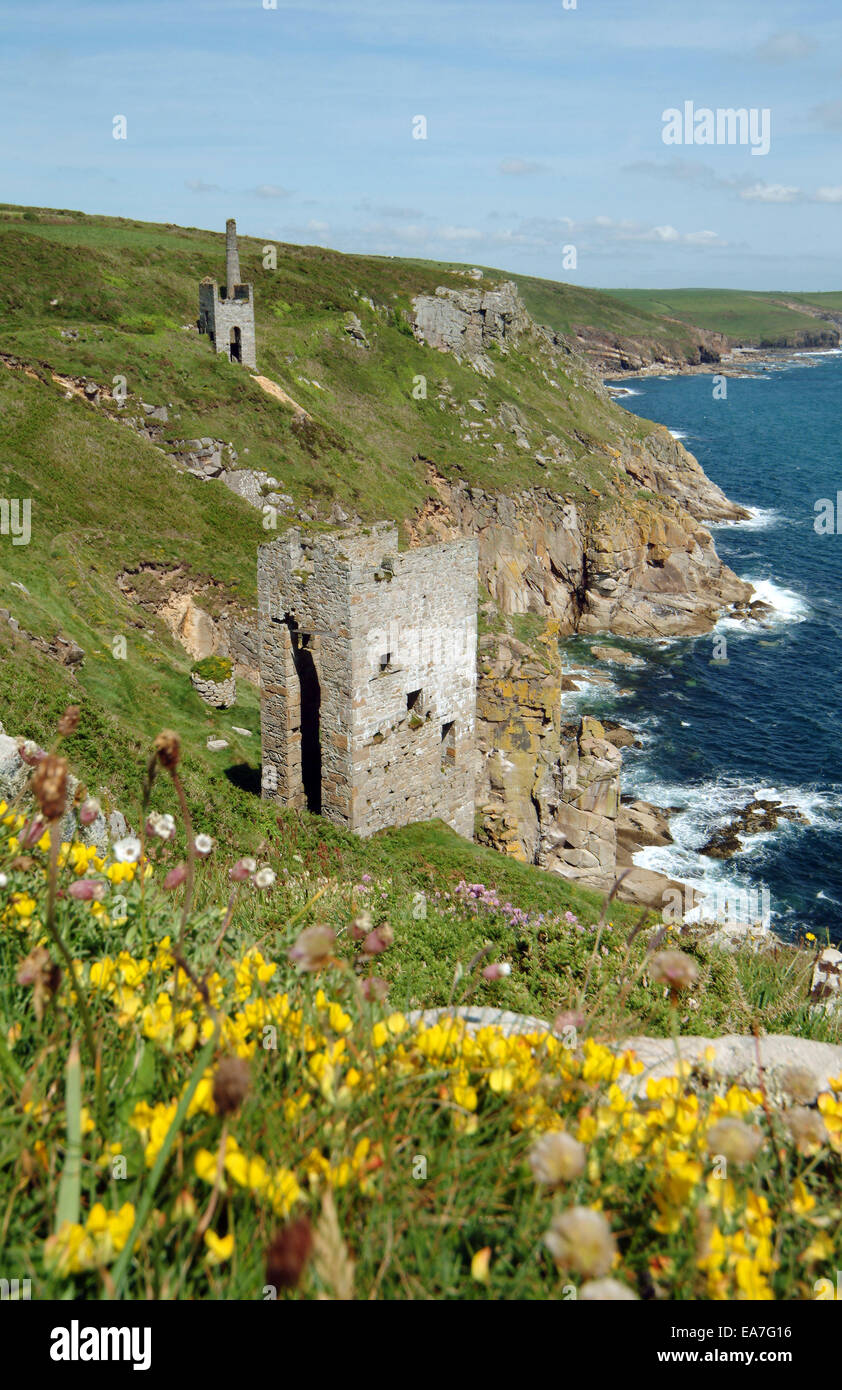 Wheal Trewavas old tin mine buildings near Rinsey Cornwall England ...