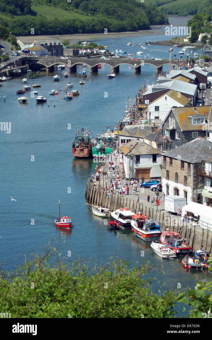 Elevated view of Looe River bridge & East Looe harbour & town from West ...