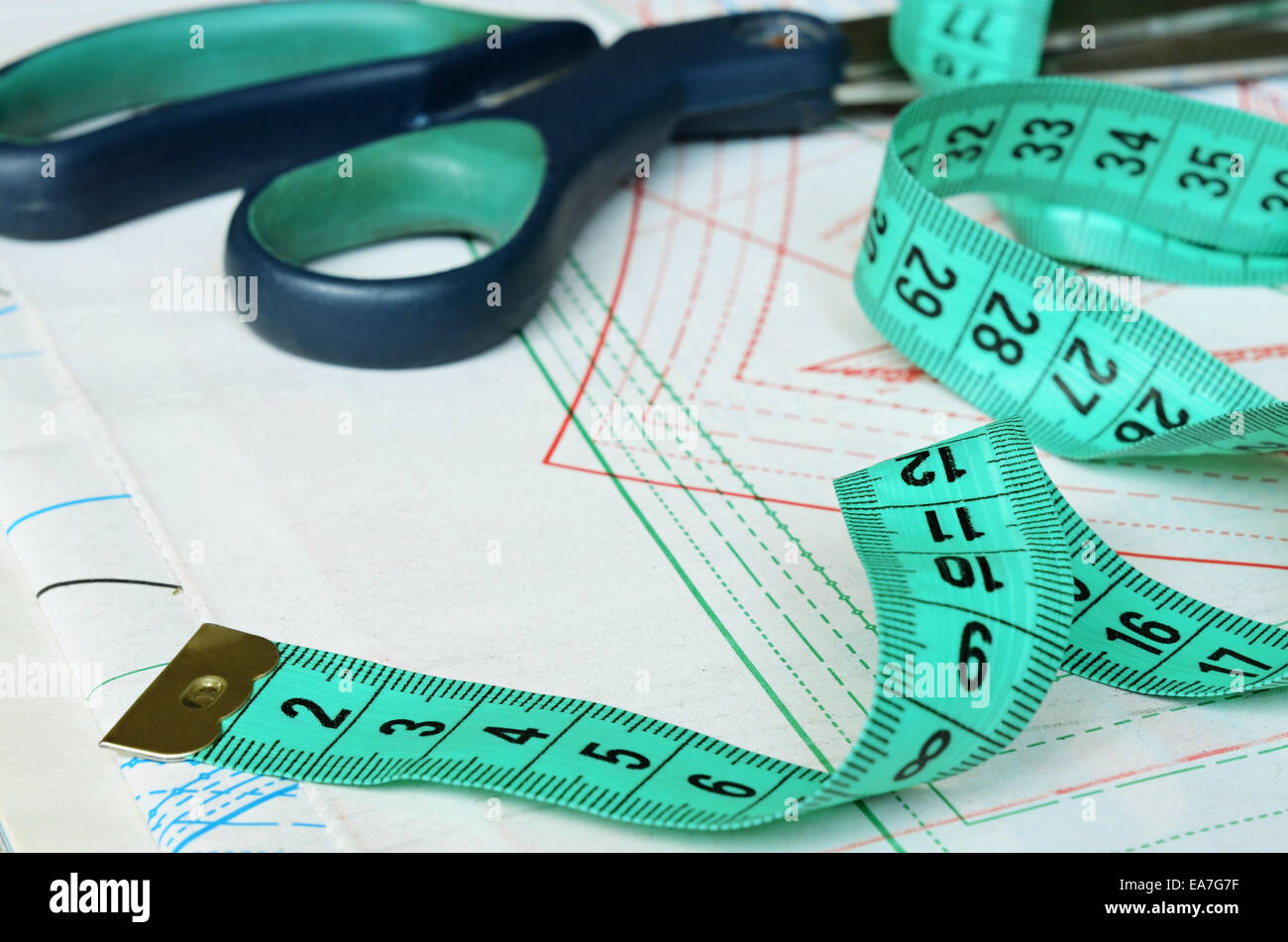 Measuring tape and scissors on patterns Stock Photo - Alamy