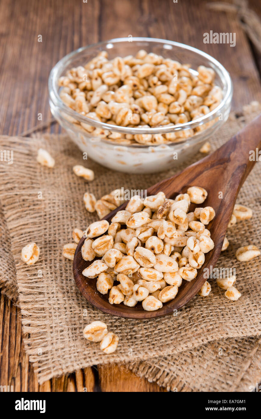 Puffed wheat with milk in a bowl (close-up shot Stock Photo - Alamy