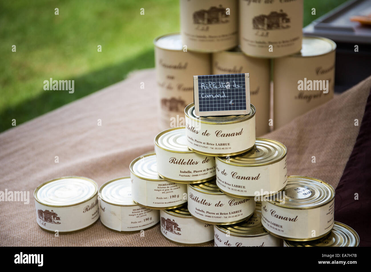 french tins of duck rillettes in French shop, Dordogne, France, Europe ...