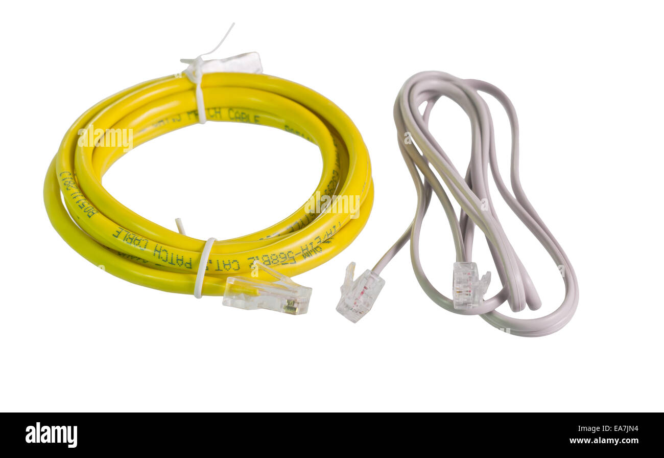Yellow Lan connector and Telephone connector on white background Stock ...