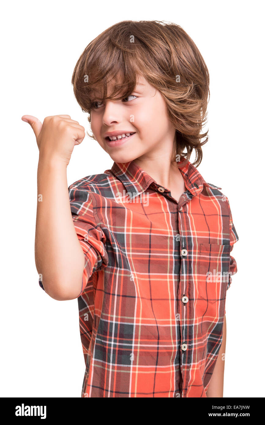 Happy kid pointing space hi-res stock photography and images - Alamy