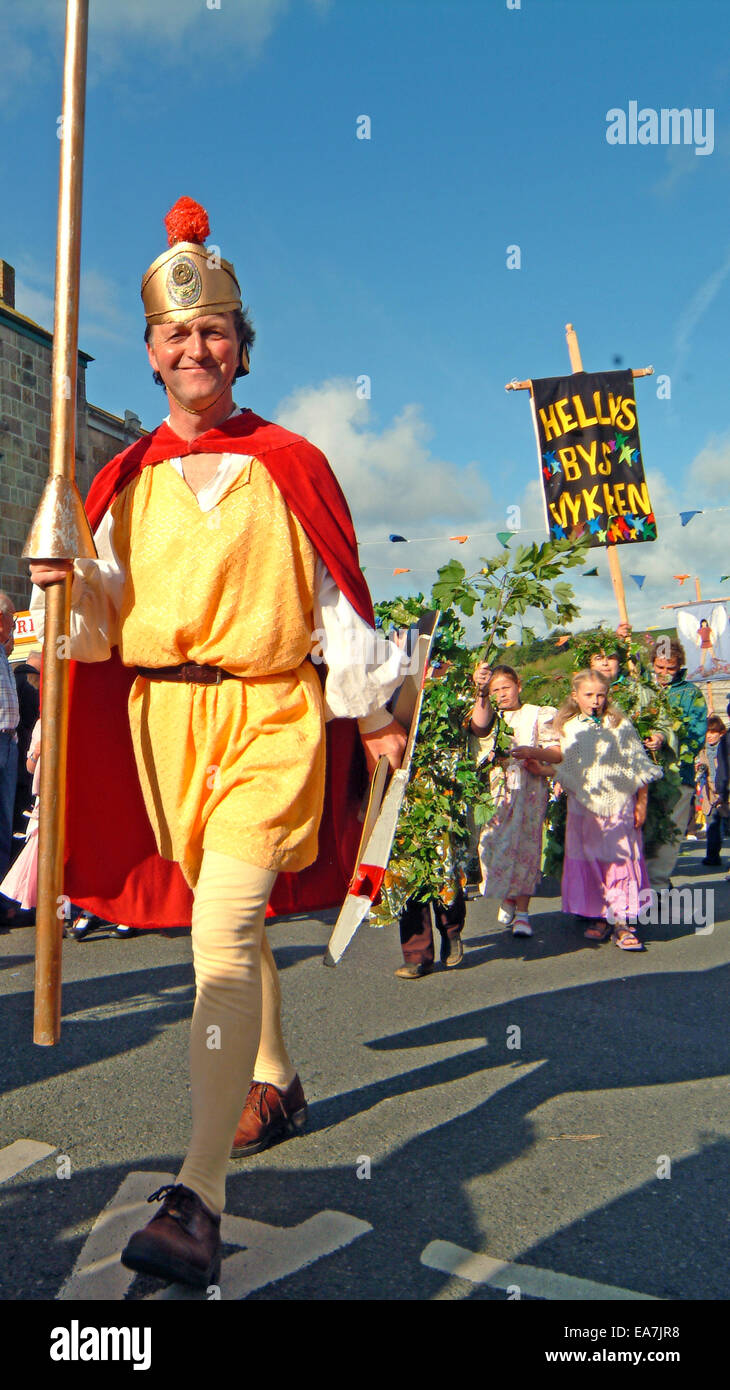 Closeup of Knight in The Hal An Tow walking up Coinagehall on Flora Day ...