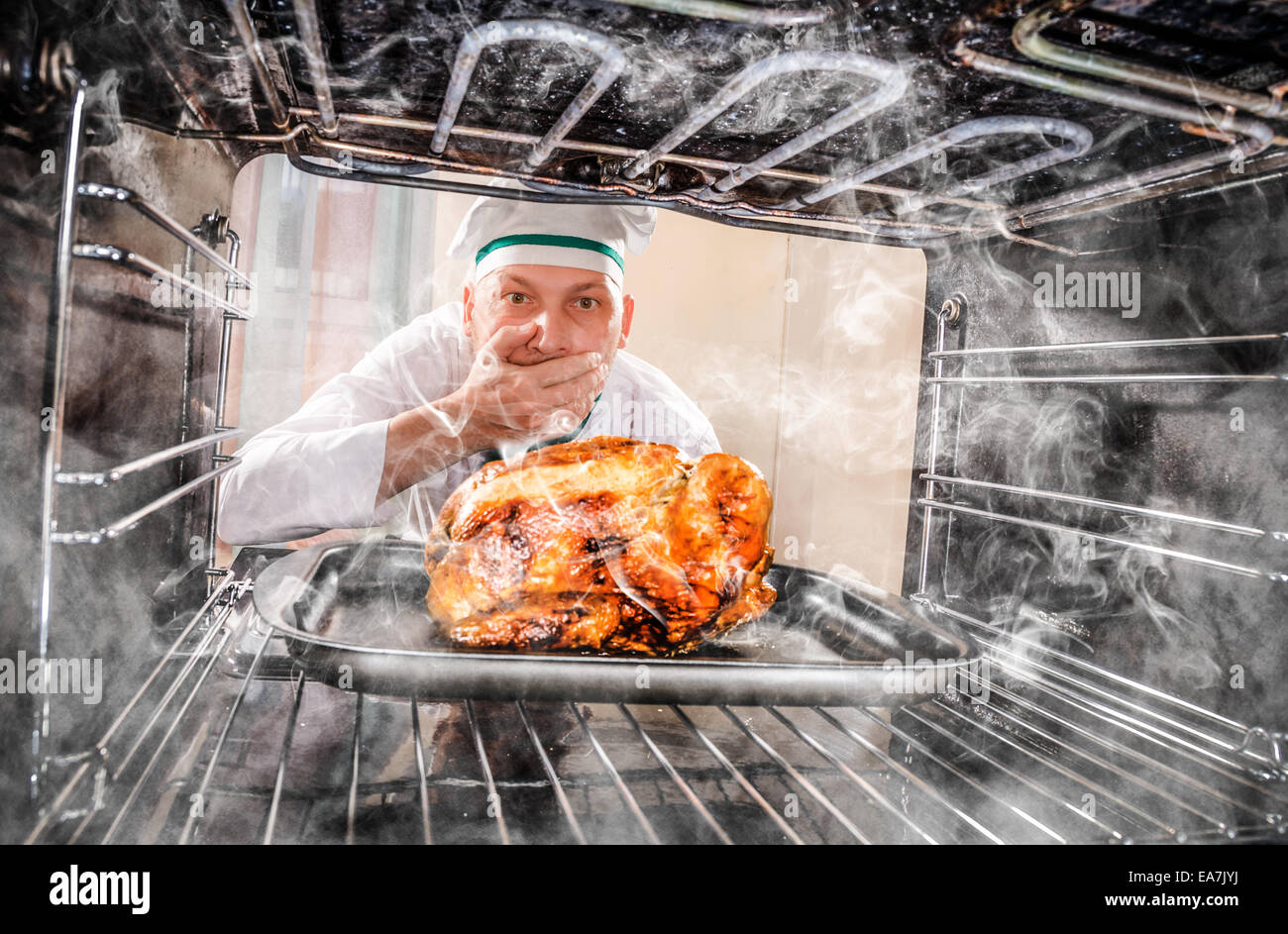 Funny chef overlooked roast chicken in the oven, so she had scorched ...