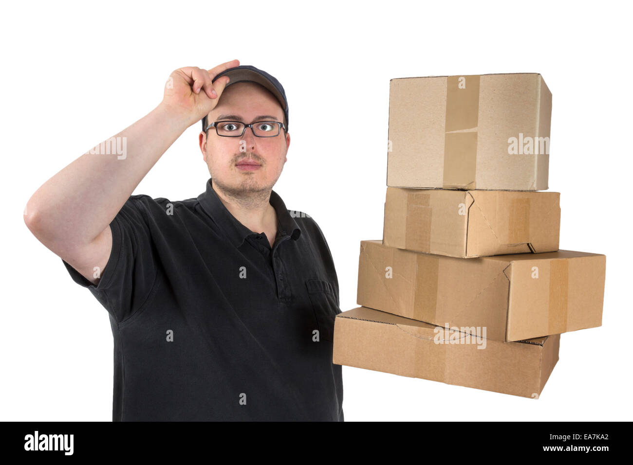 greeting delivery driver in blue uniform with a stack parcels isolated ...