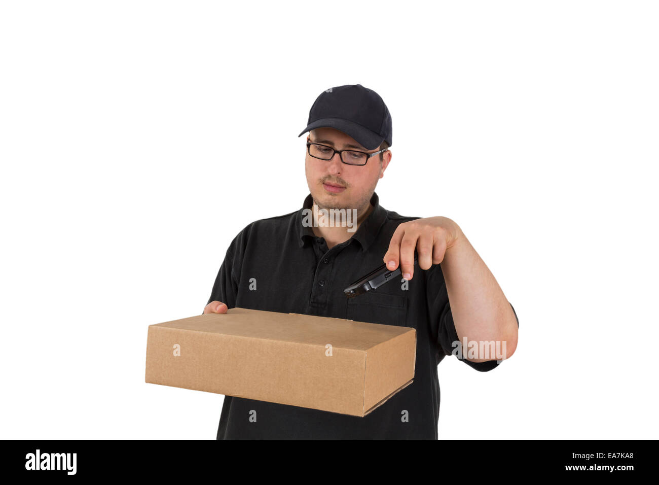 delivery driver in blue uniform scanning the parcel on delivery ...