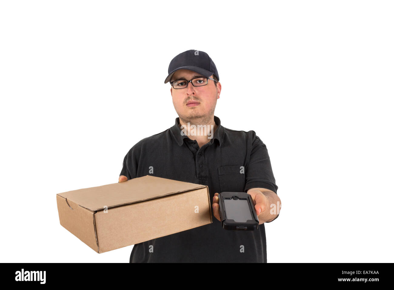 delivery driver with parcel in blue uniform asks recipient to confirm ...