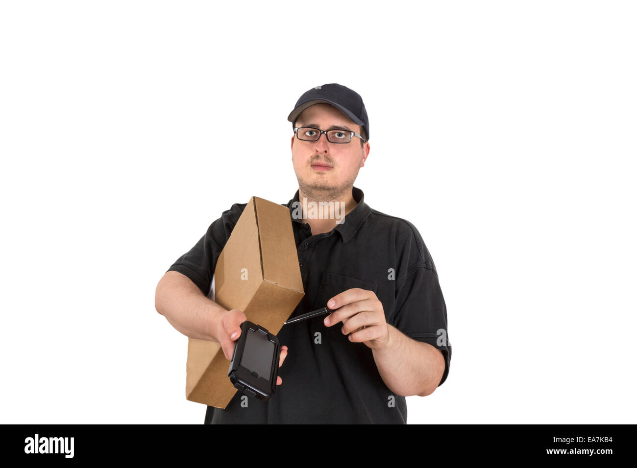 delivery driver with parcel in blue uniform asks recipient to confirm ...