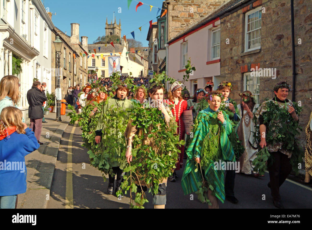 Performers in the The Hal An Tow walking down Church Street on Flora ...