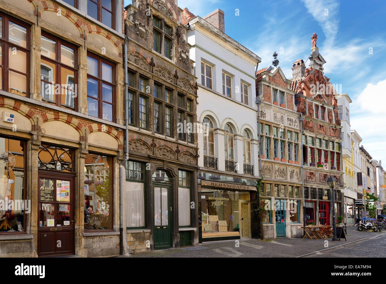 Ornate facades of traditional Flemish buildings, Kraanlei, Ghent, East ...