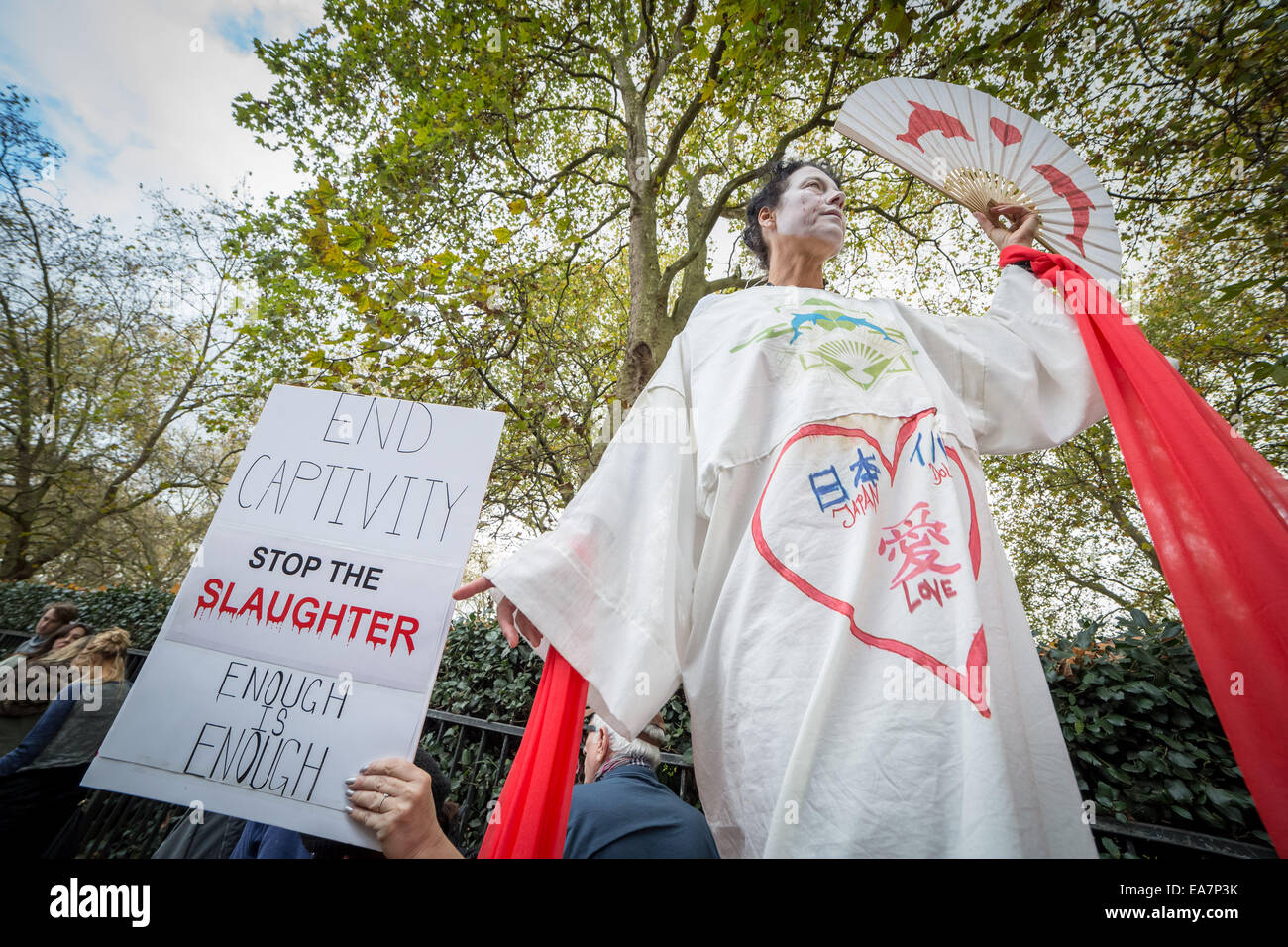 London, UK. 7th Nov, 2014. Protest against Taiji Dolphin slaughter ...
