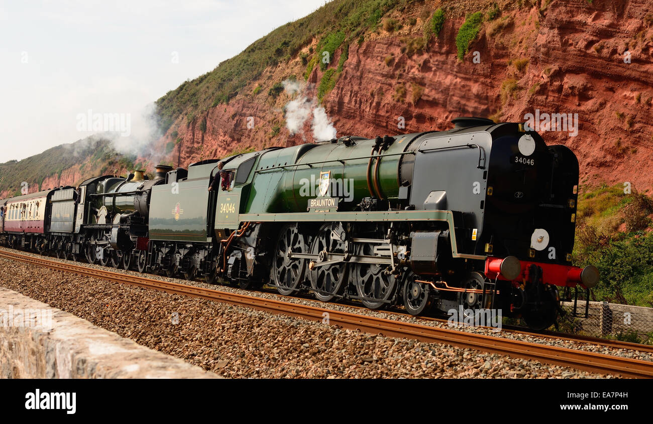 West Country class pacific No 34046 Braunton and GWR Castle class No ...