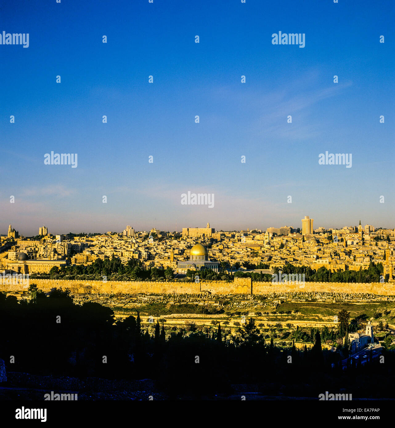 Old town skyline with city walls at sunrise Jerusalem Israel Stock ...