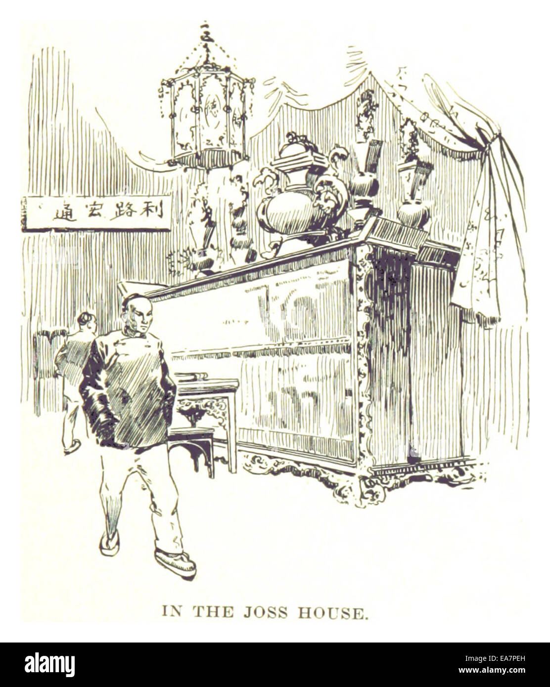 An 1898 illustration titled *In the Joss House* by Beck, showing a ...