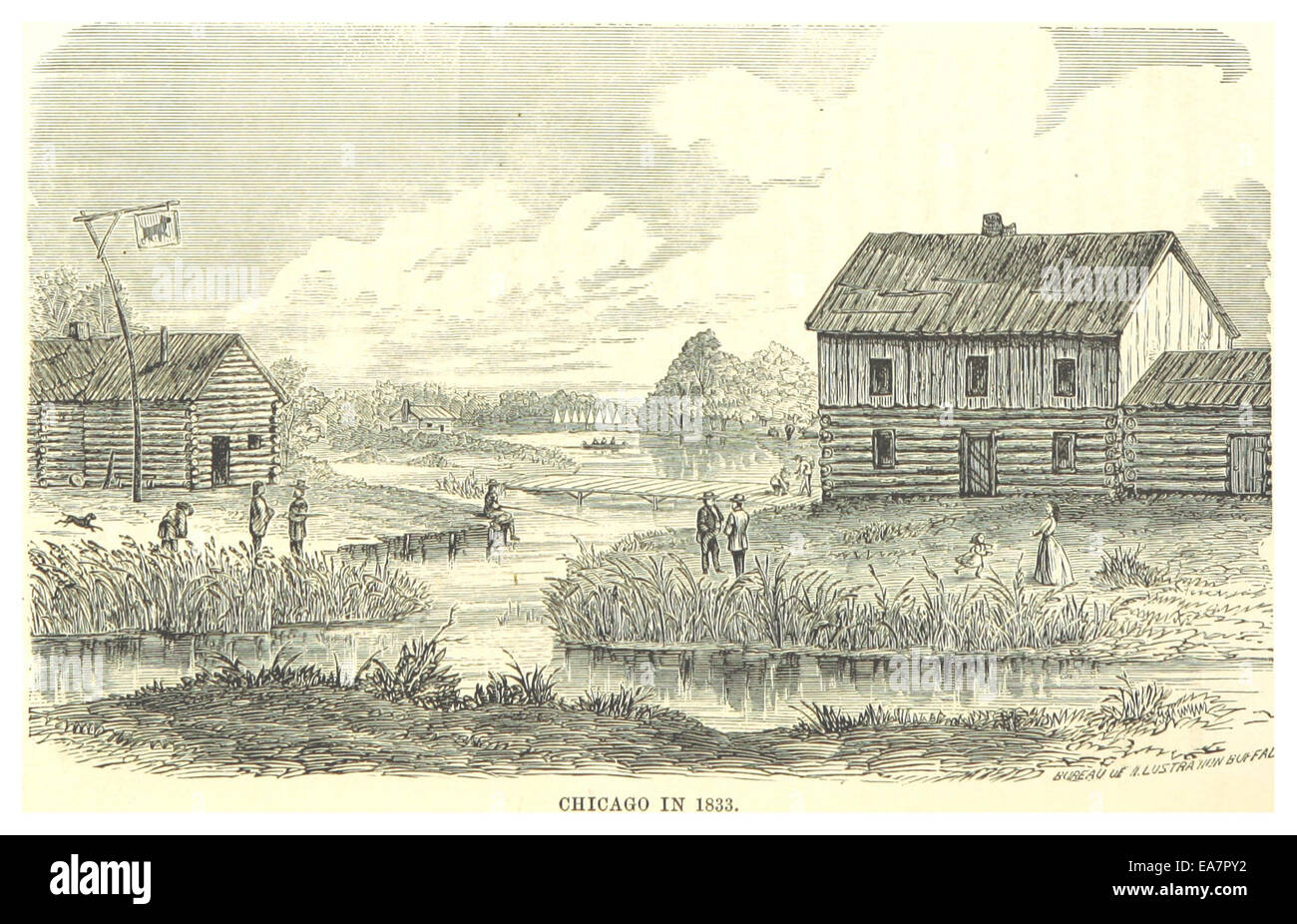 This 1871 illustration by Colbert shows a view of Chicago in 1833 ...