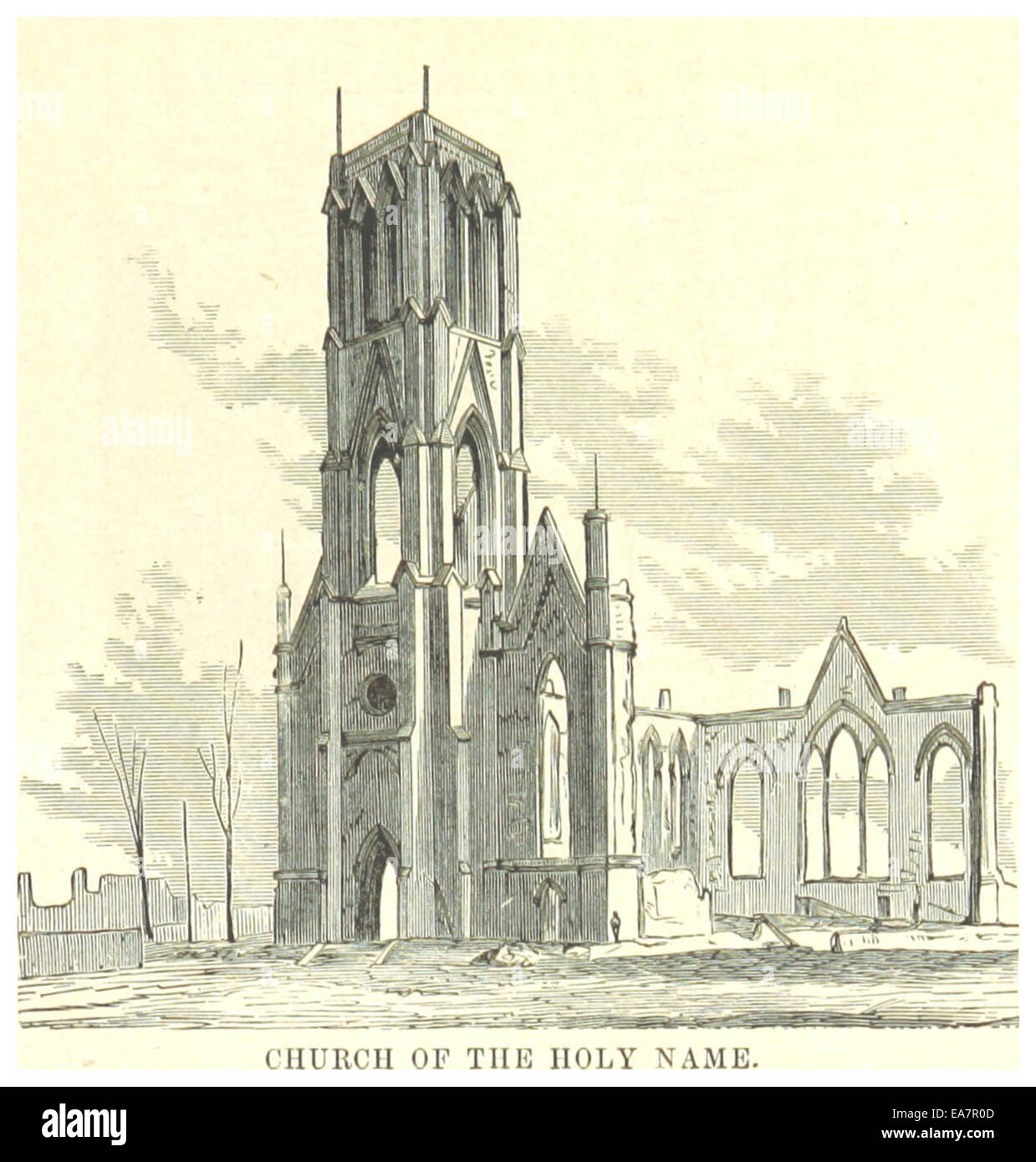 This 1871 illustration by Colbert depicts the Church of the Holy Name ...