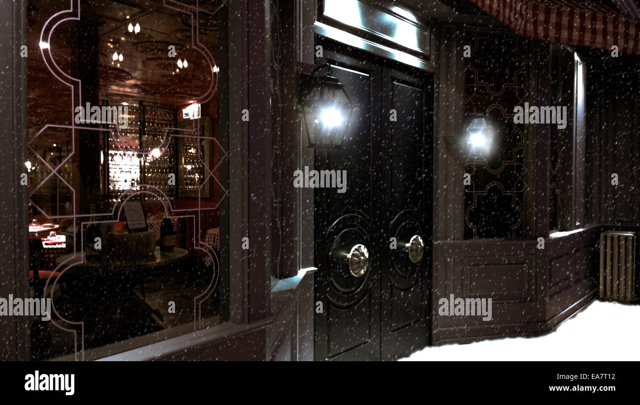 exterior of an old fashioned bar on a winter's night Stock Photo - Alamy