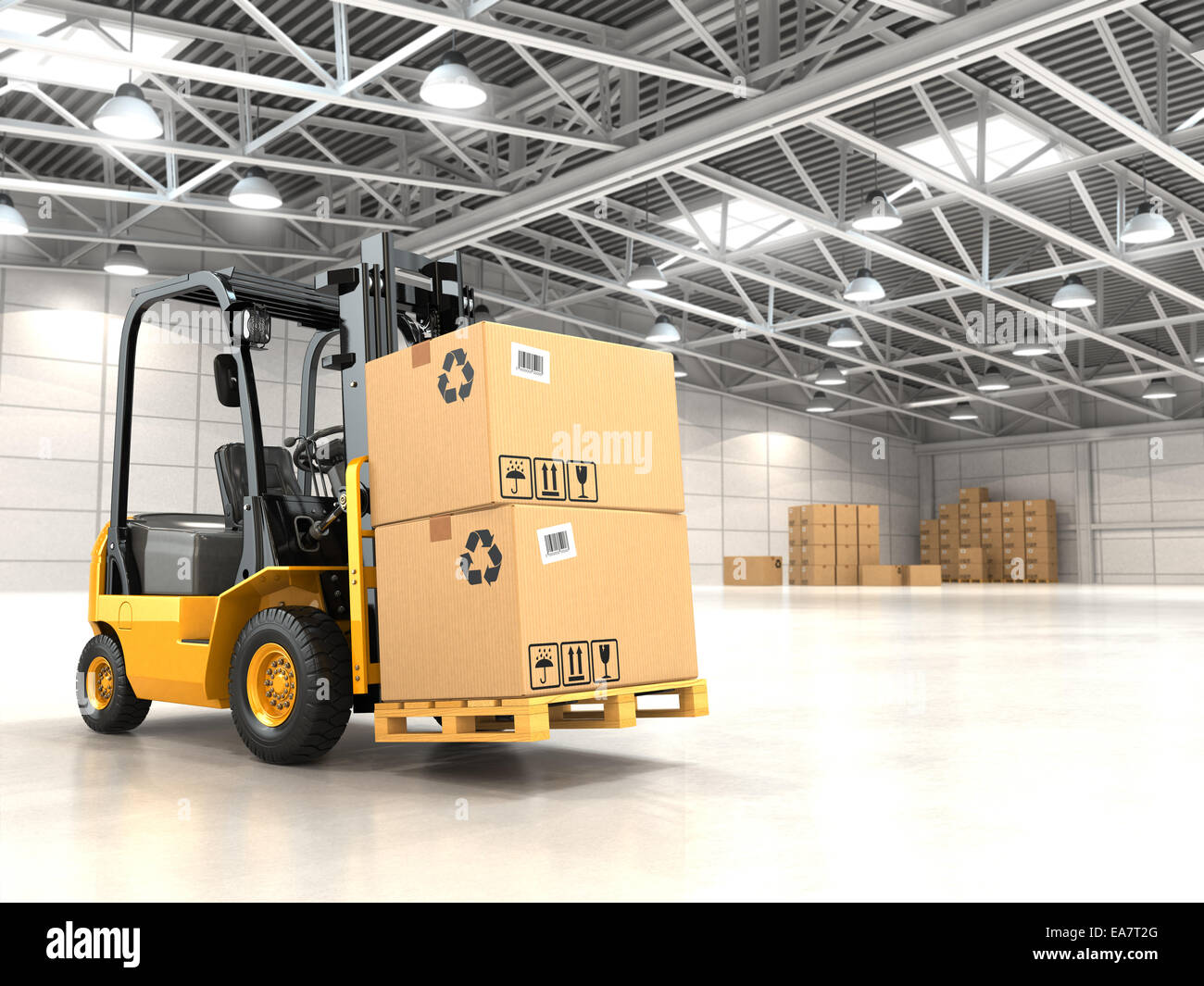 Forklift truck in warehouse or storage loading cardboard boxes. 3d ...
