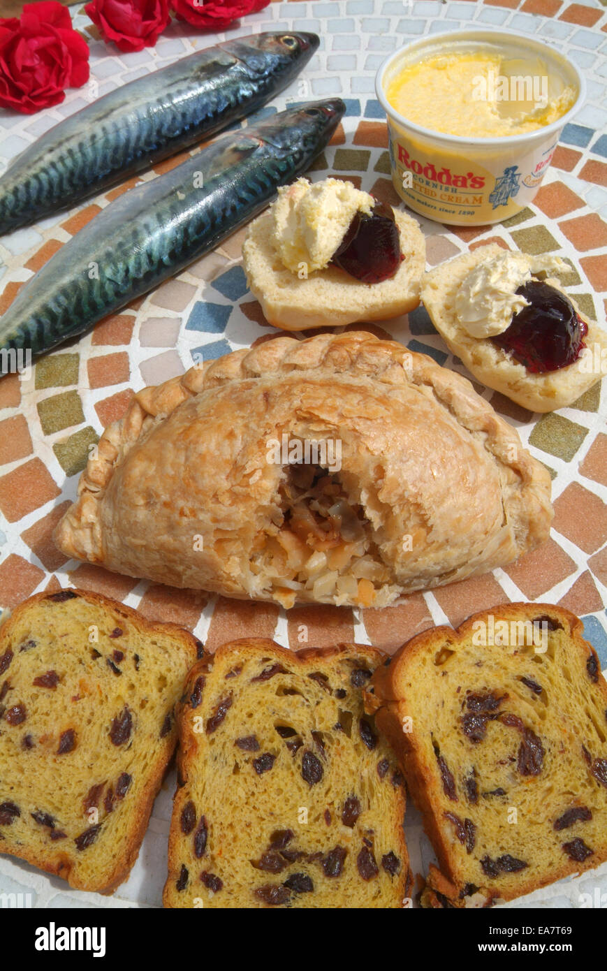 Traditional Cornish Food consisting of a Cornish Pasty two Mackerel ...