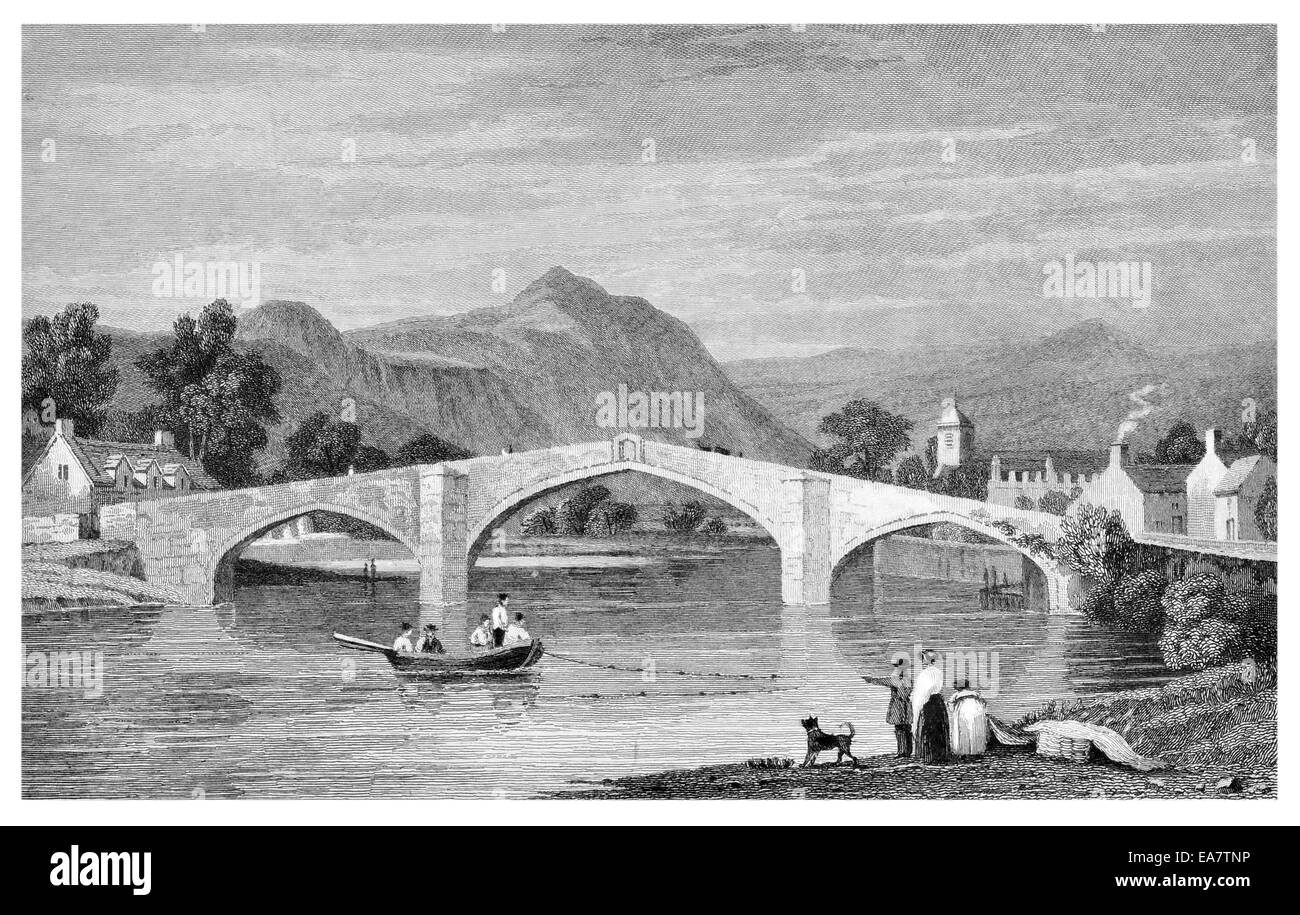 Llanrwst Bridge built by Inigo Jones on river Conway circa 1830 Stock ...