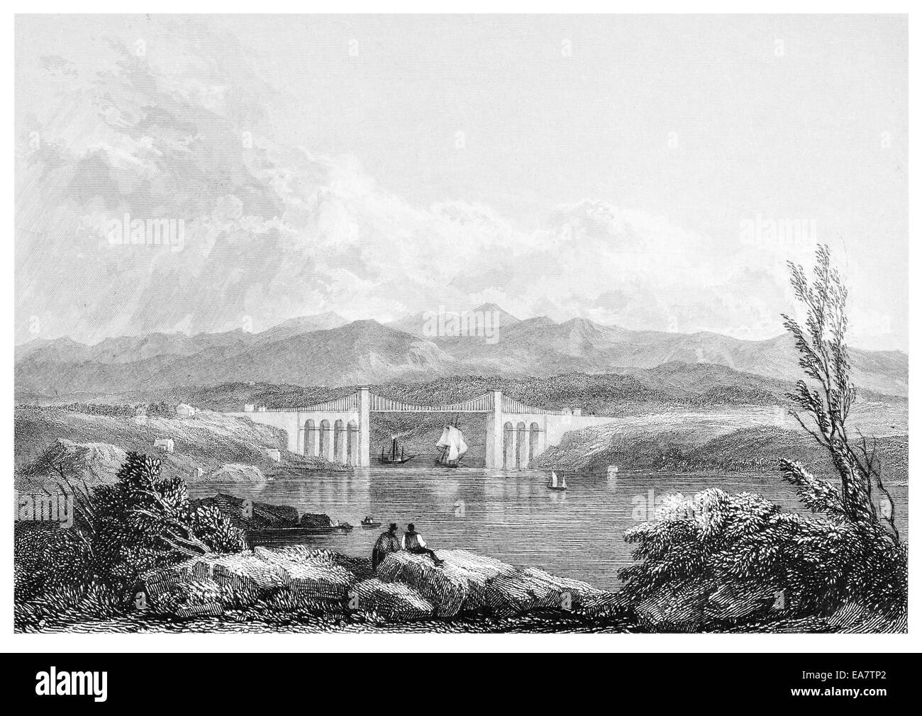The Menai bridge from Anglesey circa 1830 Stock Photo - Alamy