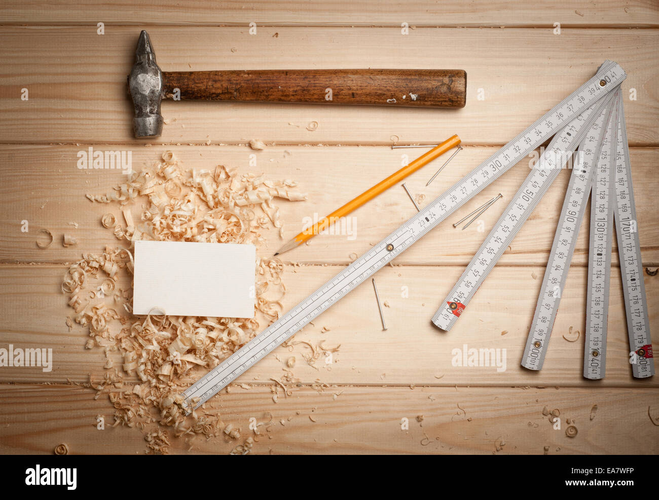 joinery tools on wood table background with business card Stock Photo ...
