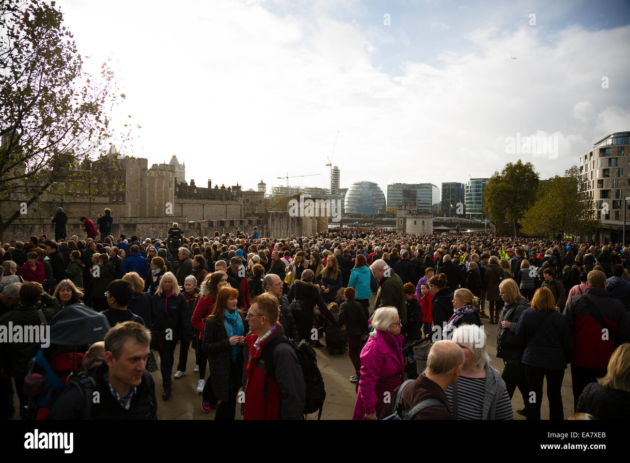 London, UK. 8th Nov, 2014. Large crowd at poppy display at Tower of ...