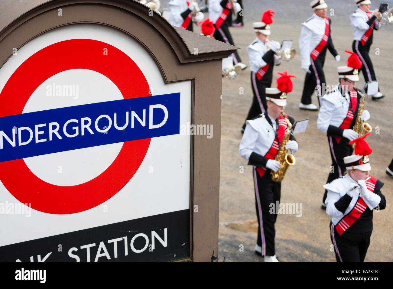London, UK. 8th Nov, 2014. Marching band passing the grandstand during ...