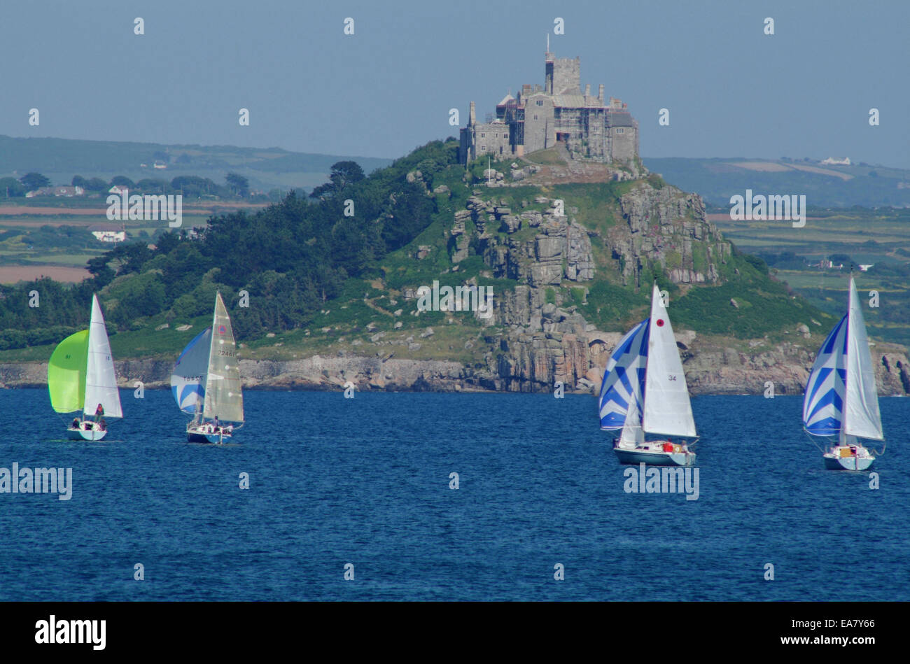 Yachts sailing in Mounts Bay with St Michaels Mount in background ...