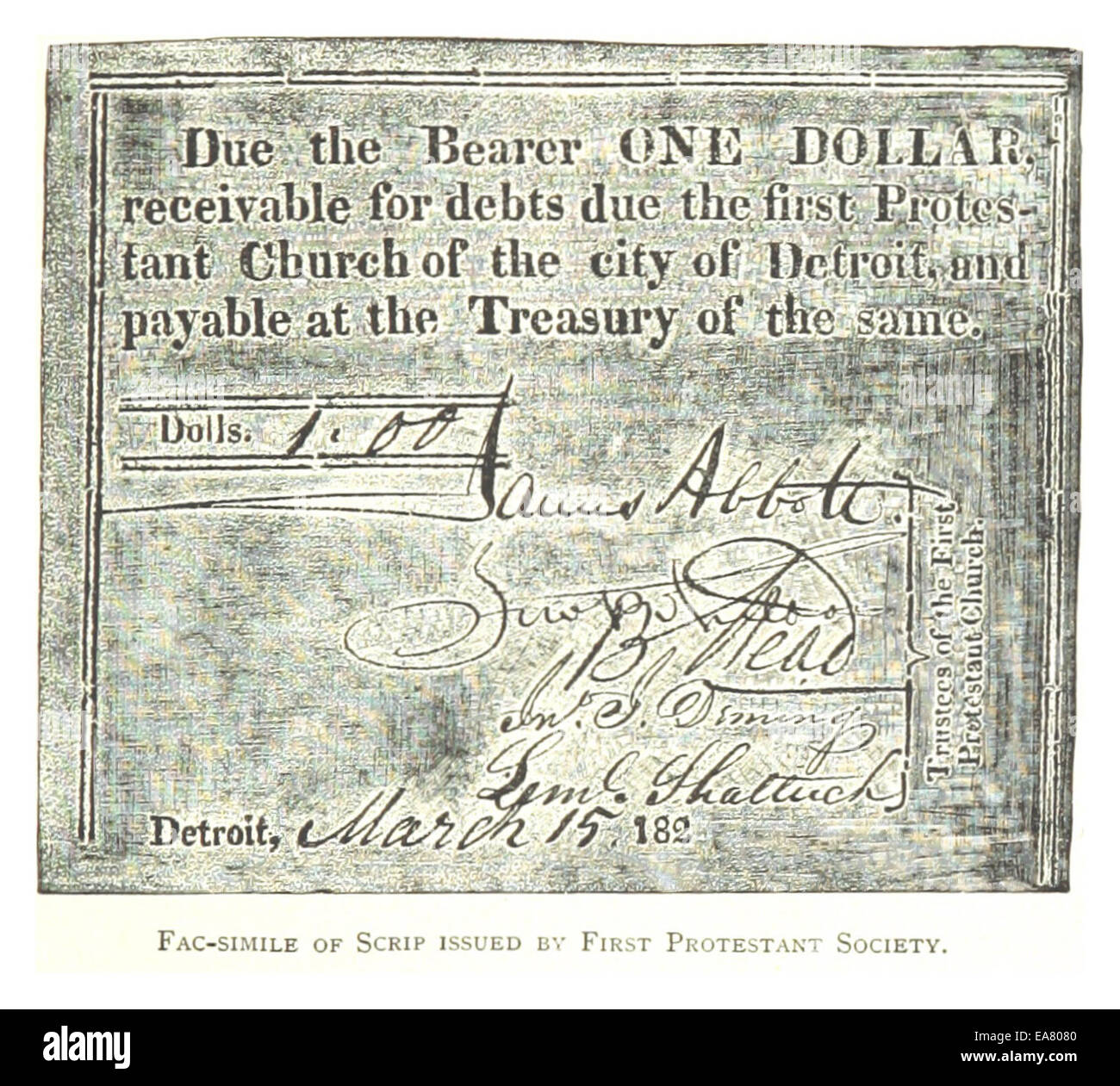 A facsimile of scrip issued by the First Protestant Society in Detroit ...