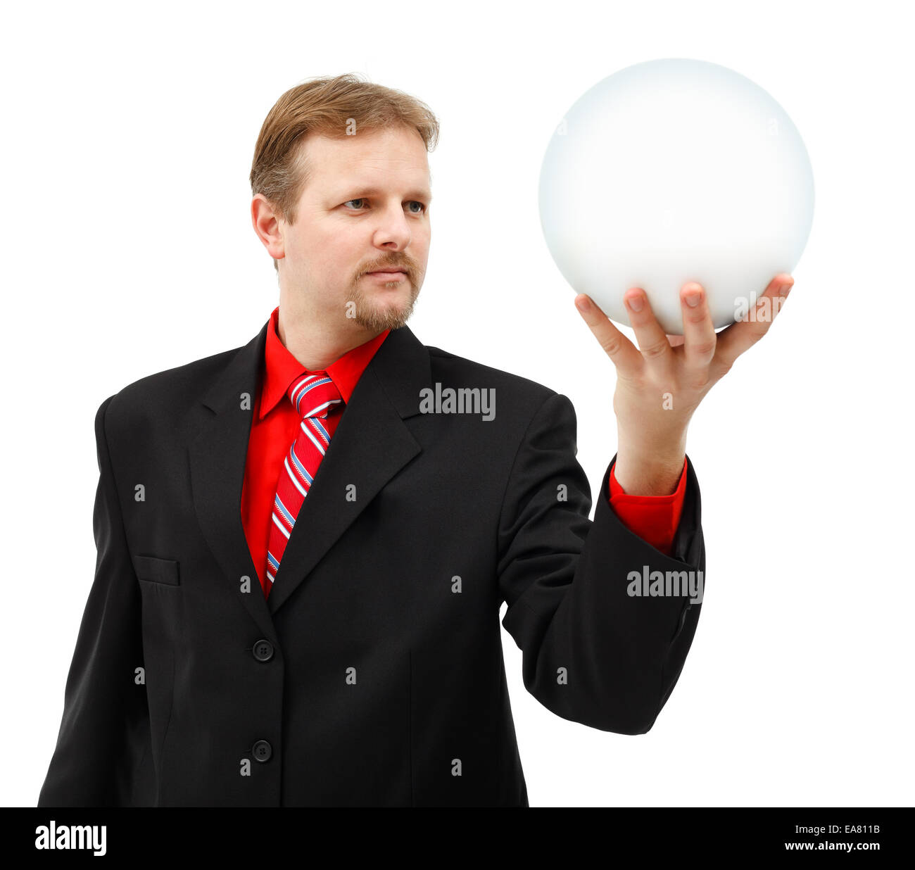 Powerful business man looking at placeholder globe in his hand Stock ...