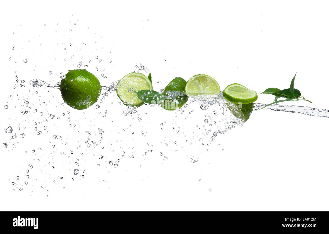Studio shot of fresh limes with water splash, isolated on white ...