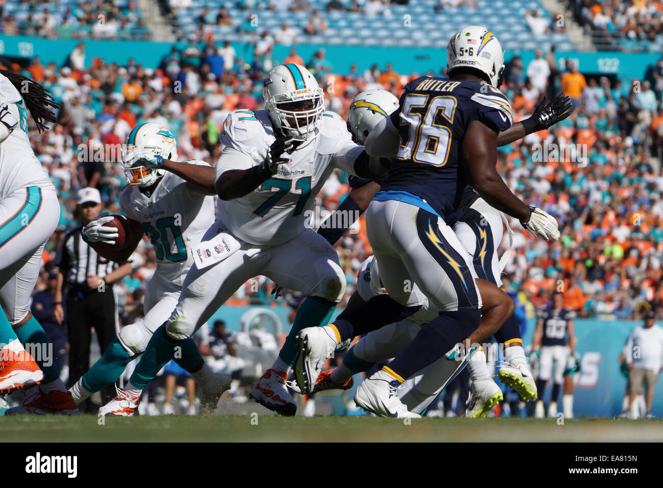 Miami Gardens FL, USA. 2nd Nov, 2014. Branden Albert #71 of Miami in ...
