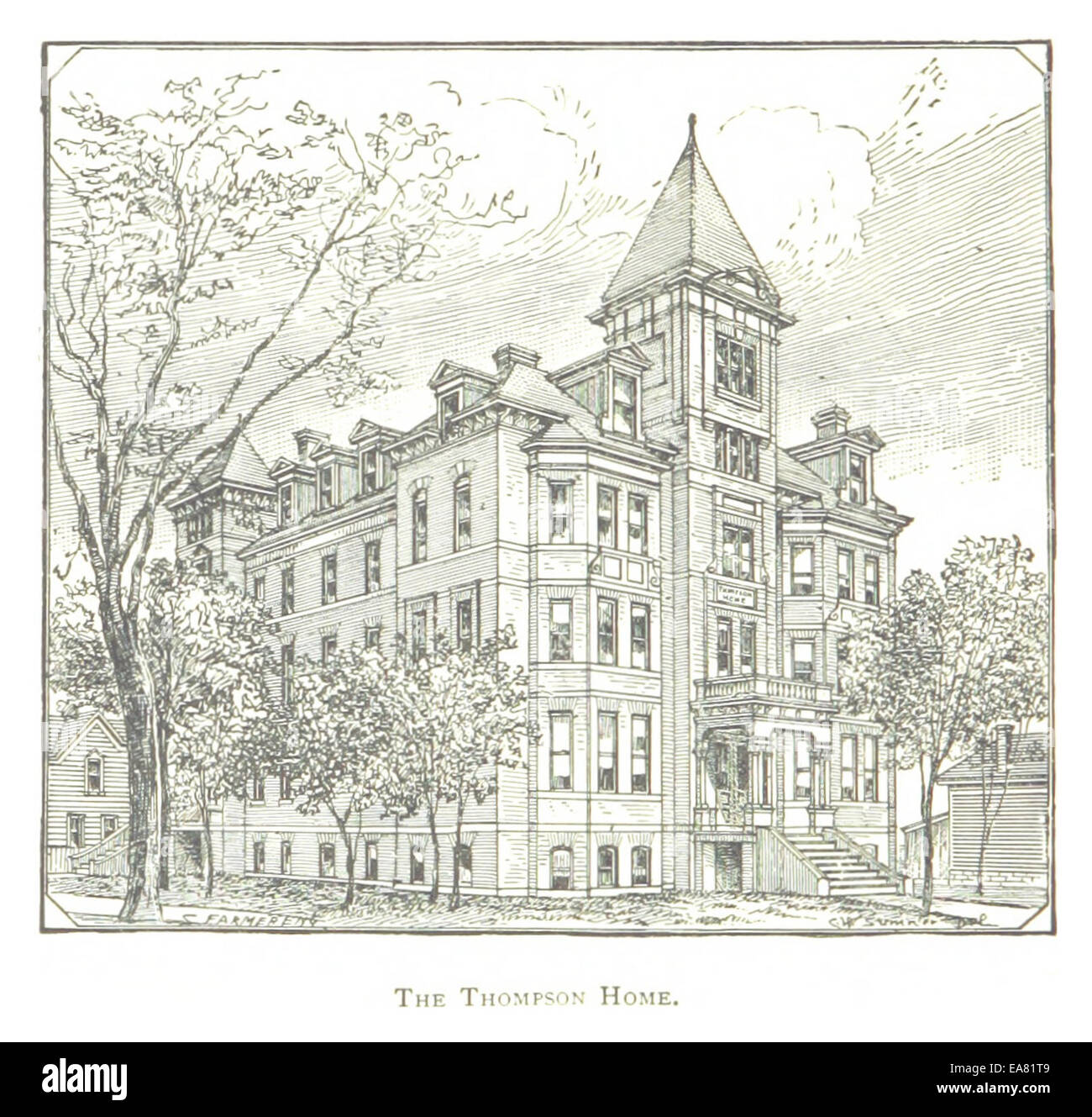 This 1884 drawing from FARMER depicts the Thompson Home, a notable ...
